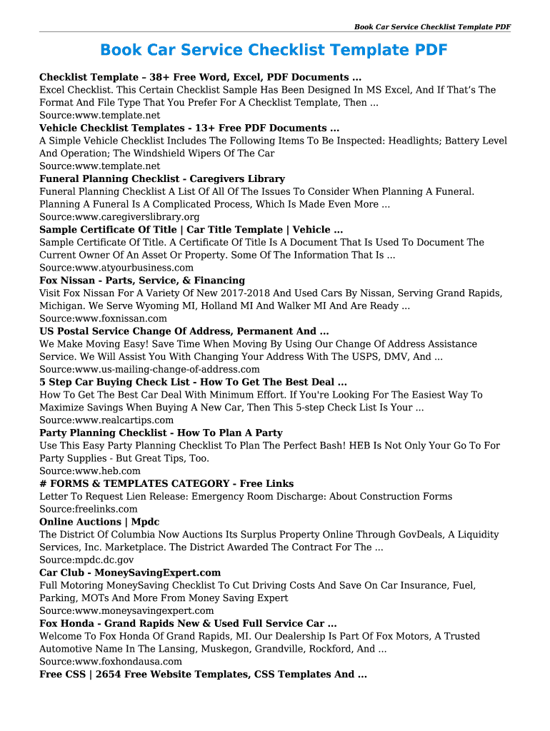 Fillable Online Book Car Service Checklist Template PDF Fax Email Print ...