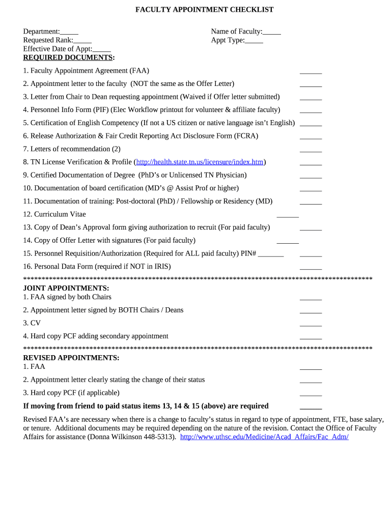 FACULTY APPOINTMENT CHECKLIST Doc Template | pdfFiller