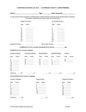 CONNERS RATING SCALE-SUMMARY SHEET(1978 NORMS) Doc Template | pdfFiller