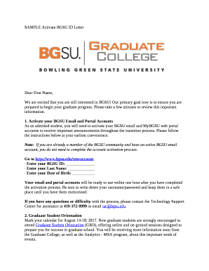 SAMPLE Activate BGSU ID Letter Doc Template | pdfFiller