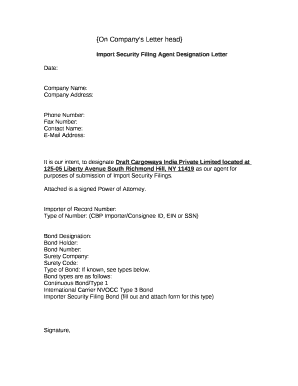 Import Security Filing Agent Designation Letter Doc Template | pdfFiller