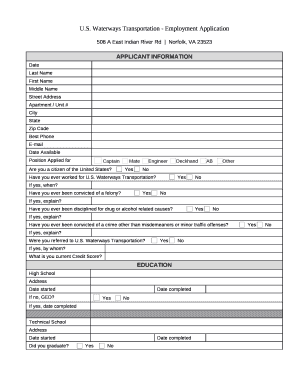 Waterways Transportation - Employment Application Doc Template | pdfFiller