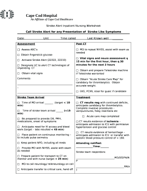Stroke Alert Inpatient Nursing Worksheet Doc Template | pdfFiller