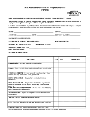 RISK ASSESSMENT RECORD FOR WORKERS RETURNING FROM MATERNITY LEAVE Doc ...