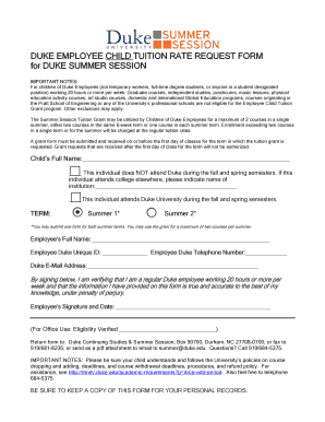 Fillable Online summersession duke DUKE EMPLOYEE CHILD TUITION RATE ...