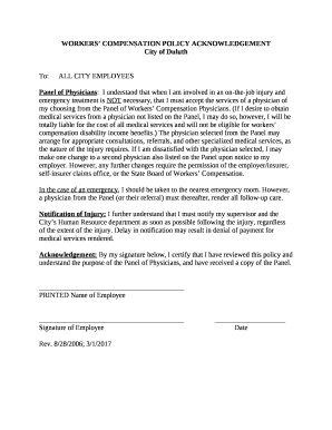 WORKERS COMPENSATION POLICY ACKNOWLEDGEMENT Doc Template | pdfFiller