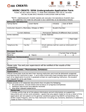 NSERC CREATE: SERA Undergraduate Application Doc Template | pdfFiller