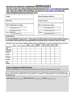 2012-2013 IHSA INDIVIDUAL MEMBERSHIP WORKSHEET template Doc Template ...