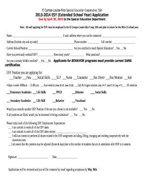 2013-2014 ESY (Extended School Year) Application Doc Template | pdfFiller