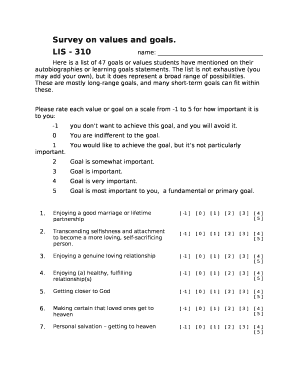 Survey on values and goals Doc Template | pdfFiller