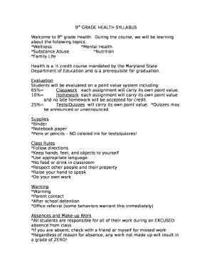 9th GRADE HEALTH SYLLABUS Doc Template | pdfFiller