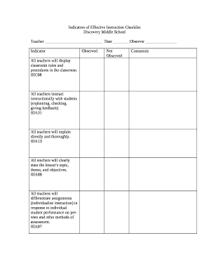 Indicators of Effective Instruction Checklist - education wm Doc ...