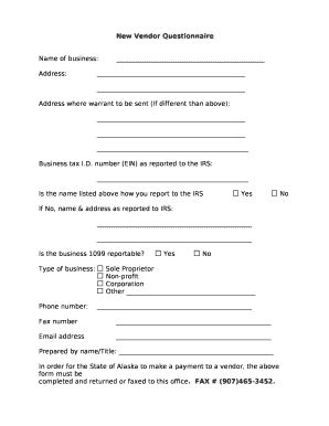 New Vendor Questionnaire Doc Template | pdfFiller