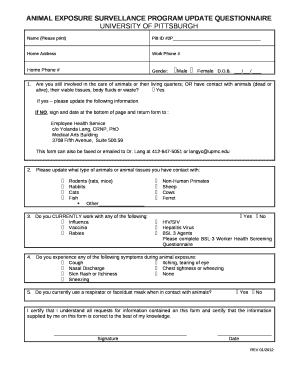 ANIMAL EXPOSURE SURVELLANCE PROGRAM UPDATE QUESTIONNAIRE Doc Template ...