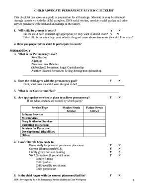 CHILD ADVOCATE PERMANENCY REVIEW CHECKLIST Doc Template | pdfFiller