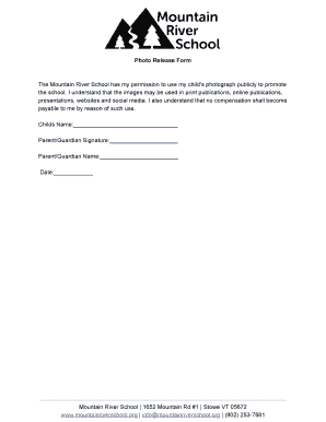 Fillable Online The Mountain River School has my permission to use my childs photograph publicly ...