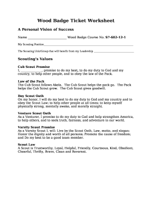 Wood Badge Ticket Worksheet Doc Template | pdfFiller