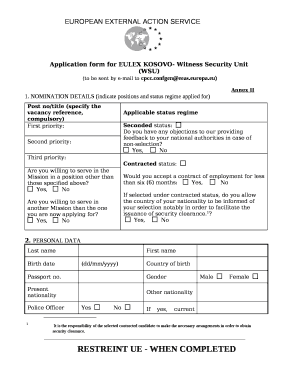 Application for EULEX KOSOVO- Witness Security Unit (WSU) Doc Template | pdfFiller