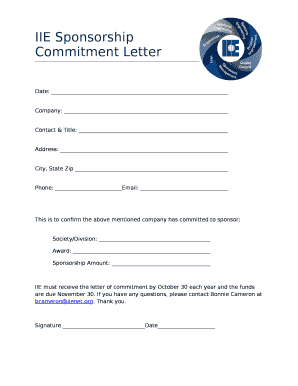 IIE Sponsorship Commitment Letter Doc Template | pdfFiller
