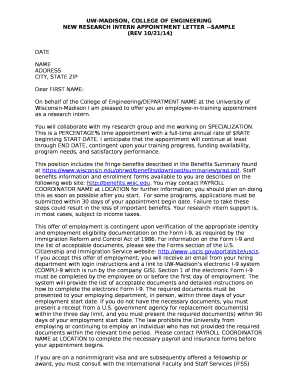 NEW RESEARCH INTERN APPOINTMENT LETTER --SAMPLE Doc Template | pdfFiller
