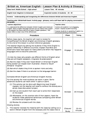 American English Lesson Plan & Activity & Glossary Doc Template | pdfFiller