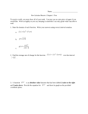 Pre-Calculus Honors Chapter 1 Test Doc Template | pdfFiller