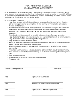 CLUB ADVISOR AGREEMENT Doc Template | pdfFiller
