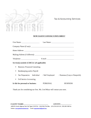 NEW CLIENT CONTACT INFO SHEET Doc Template | pdfFiller