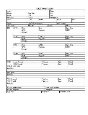 CASE WORK SHEET Doc Template | pdfFiller