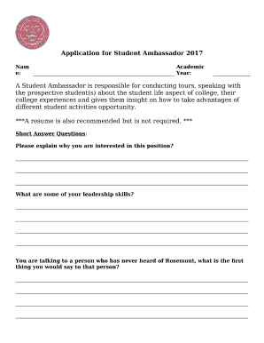 Application for Student Ambassador 2017 Doc Template | pdfFiller