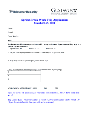 Spring Break Work Trip Application Doc Template | pdfFiller