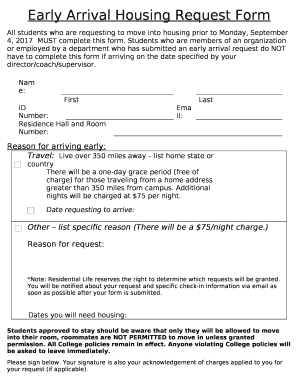 Early Arrival Housing Request Doc Template | pdfFiller
