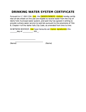 DRINKING WATER SYSTEM CERTIFICATE Doc Template | pdfFiller