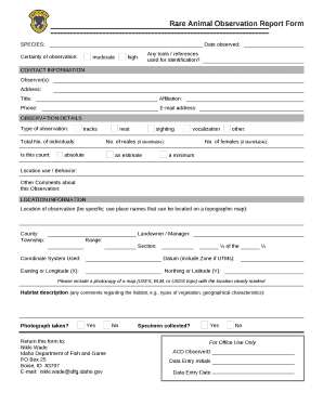 Rare Animal Observation Report - idfg idaho Doc Template | pdfFiller