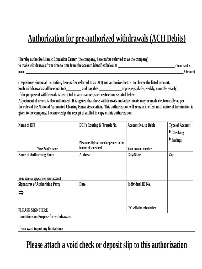 Authorization for pre-authorized withdrawals (ACH Debits) Doc Template ...