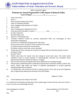 Proa for Annual Progress/JRF to SRF Report of Research Fellow Doc Template | pdfFiller