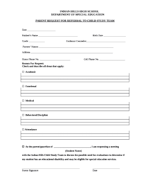 PARENT REQUEST FOR REFERRAL TO CHILD STUDY TEAM Doc Template | pdfFiller
