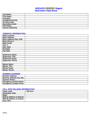 2016 Intern Data Sheet Doc Template | pdfFiller