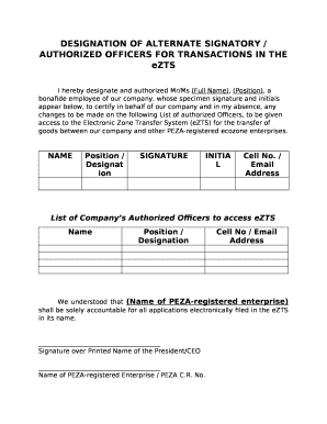 DESIGNATION OF ALTERNATE SIGNATORY / AUTHORIZED OFFICERS FOR ...