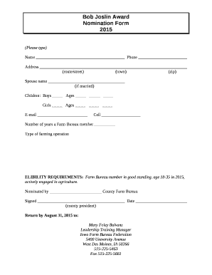 Bob Joslin Award Doc Template | pdfFiller