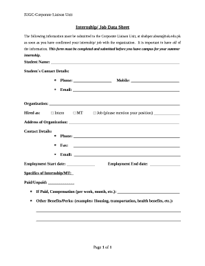 Internship/ Job Data Sheet Doc Template | pdfFiller