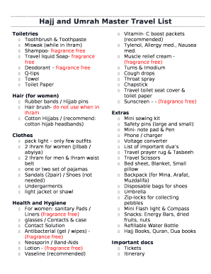 Hajj and Umrah Master Travel List Doc Template | pdfFiller