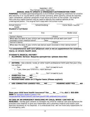ANNUAL HEALTH UPDATE & EMERGENCY AUTHORIZATION Doc Template | pdfFiller