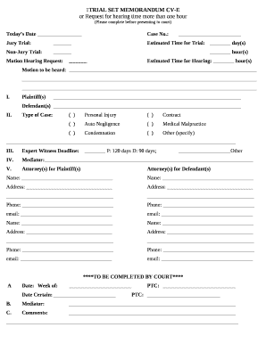 TRIAL SET MEMORANDUM CV-E Doc Template | pdfFiller
