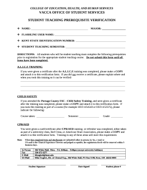 STUDENT TEACHING PREREQUISITE VERIFICATION Doc Template | pdfFiller