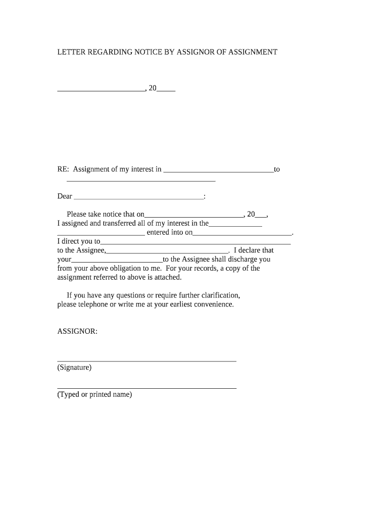 LETTER REGARDING NOTICE BY ASSIGNOR OF ASSIGNMENT Doc Template | pdfFiller