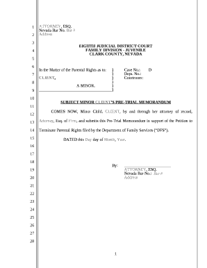 SUBJECT MINOR CLIENTS PRE-TRIAL MEMORANDUM Doc Template | pdfFiller