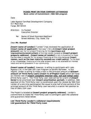 Bank Letter of Commitment SBA 504 program Doc Template | pdfFiller