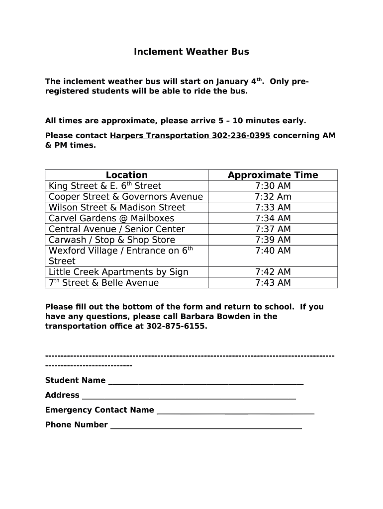 Inclement Weather Bus Doc Template | pdfFiller