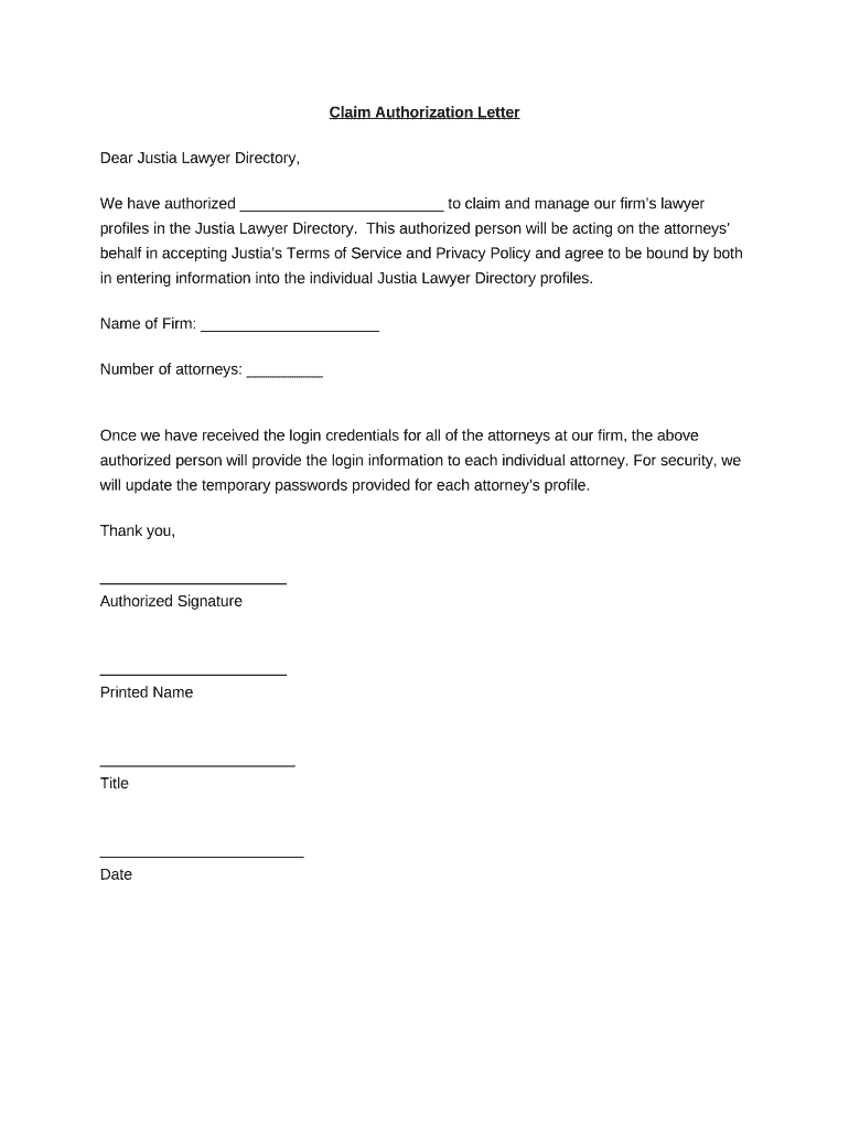 Claim Authorization Letter Doc Template | pdfFiller